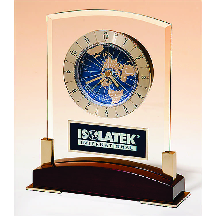 6" x 7-3/4" Glass Clock with World Time Dial on Piano Finish Base ...